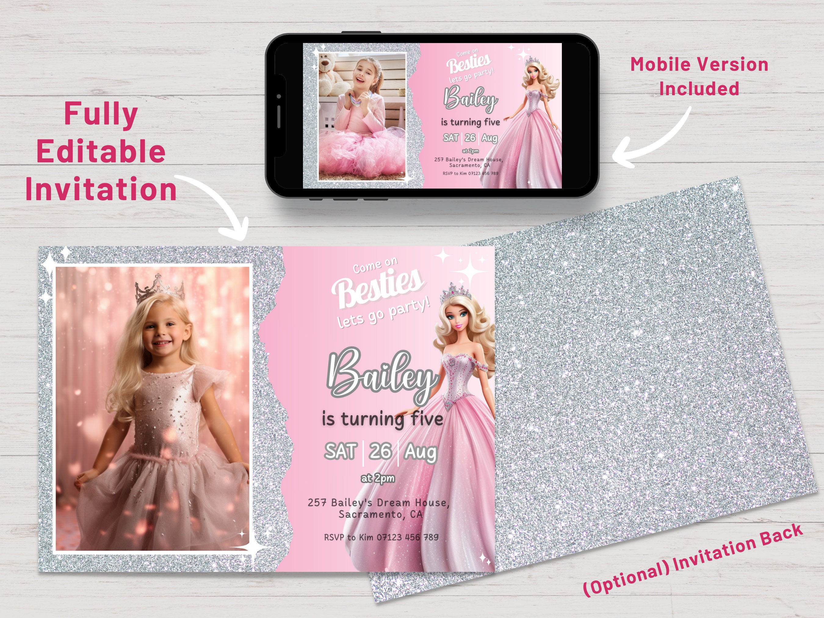 Pink Doll Invitation Template, Girls Birthday Party Invitation, Sparkly ...