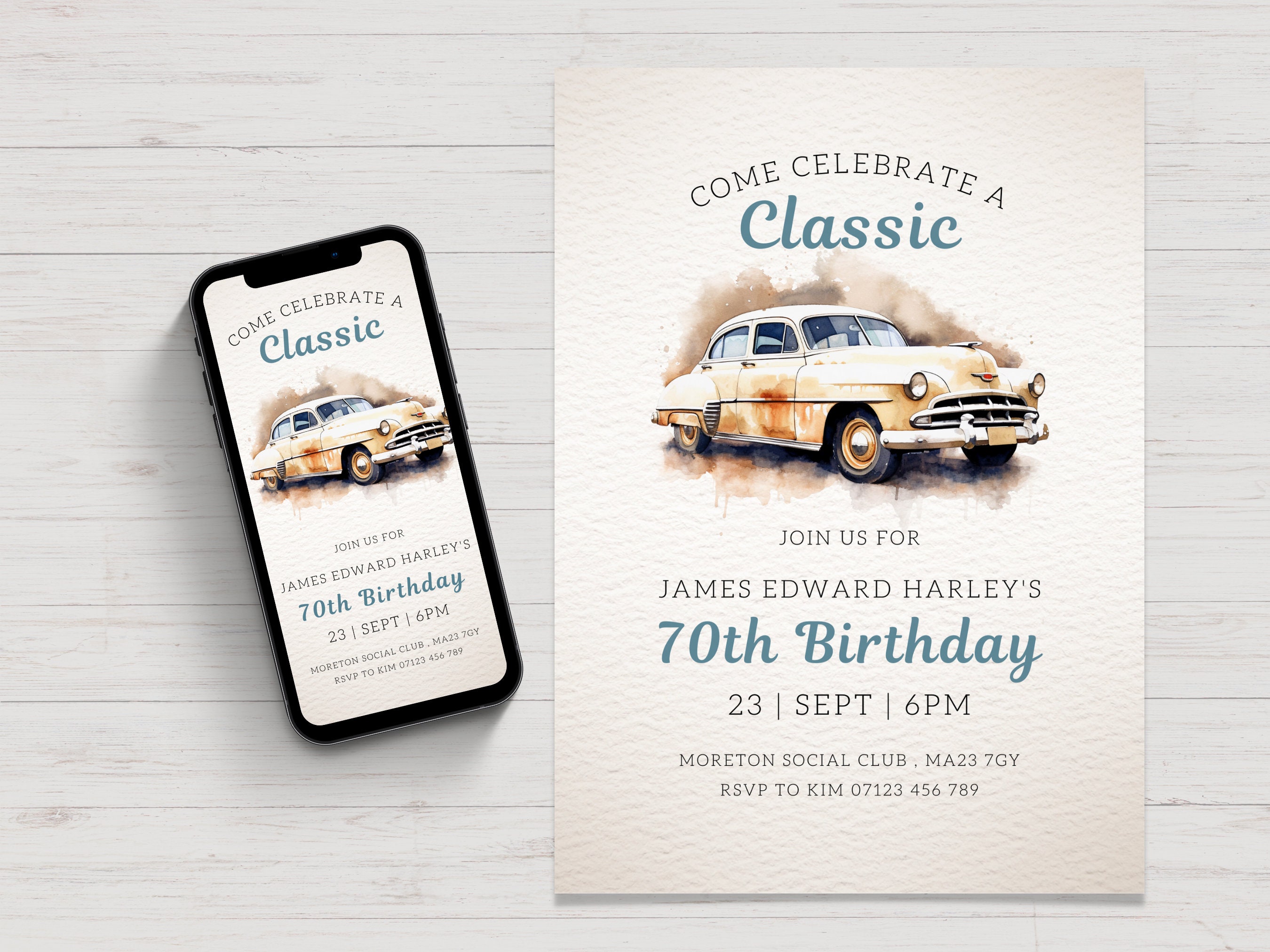Vintage Car Birthday Invitation, 70th Birthday Invitation, Classic Car ...