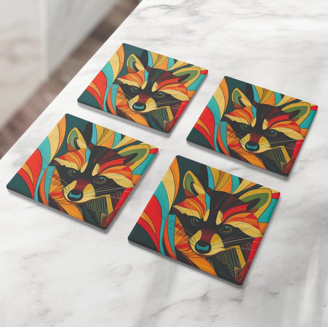 Art Deco Raccoon Coaster Set | Colorful Woodland Animal Drink Coasters ...