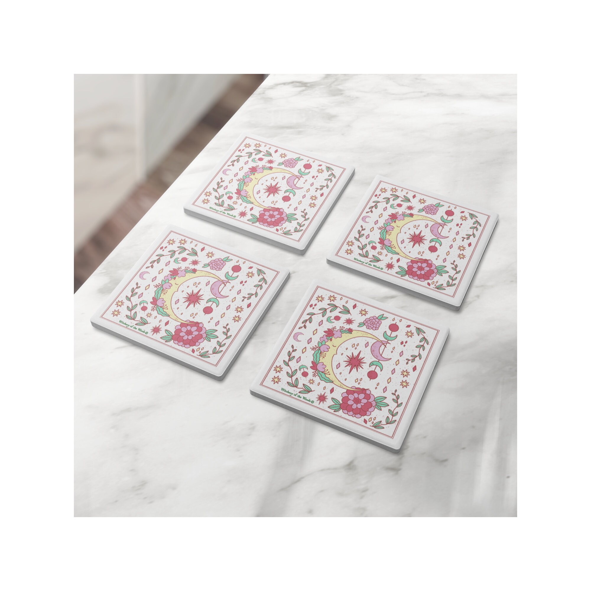 Boho Witchy Celestial Moon Floral Coaster Set of 4 Absorbent Coasters ...