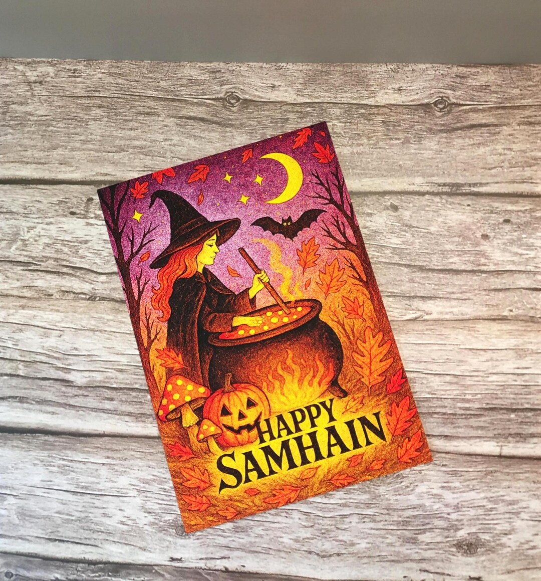 Happy Samhain Halloween Card Witch in Autumn Forest Illustration Pagan ...