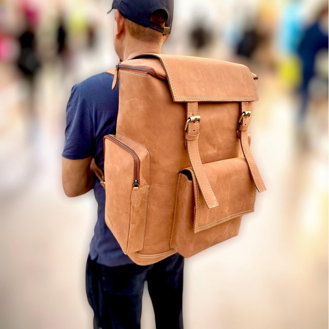 Personalized Men Leather Backpack, Leather Rucksack, Tan Leather ...