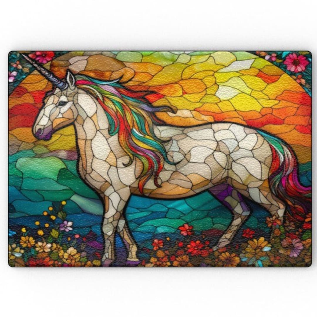 Magical Unicorn Stained Window Effect - Glass Chopping Board, Round ...