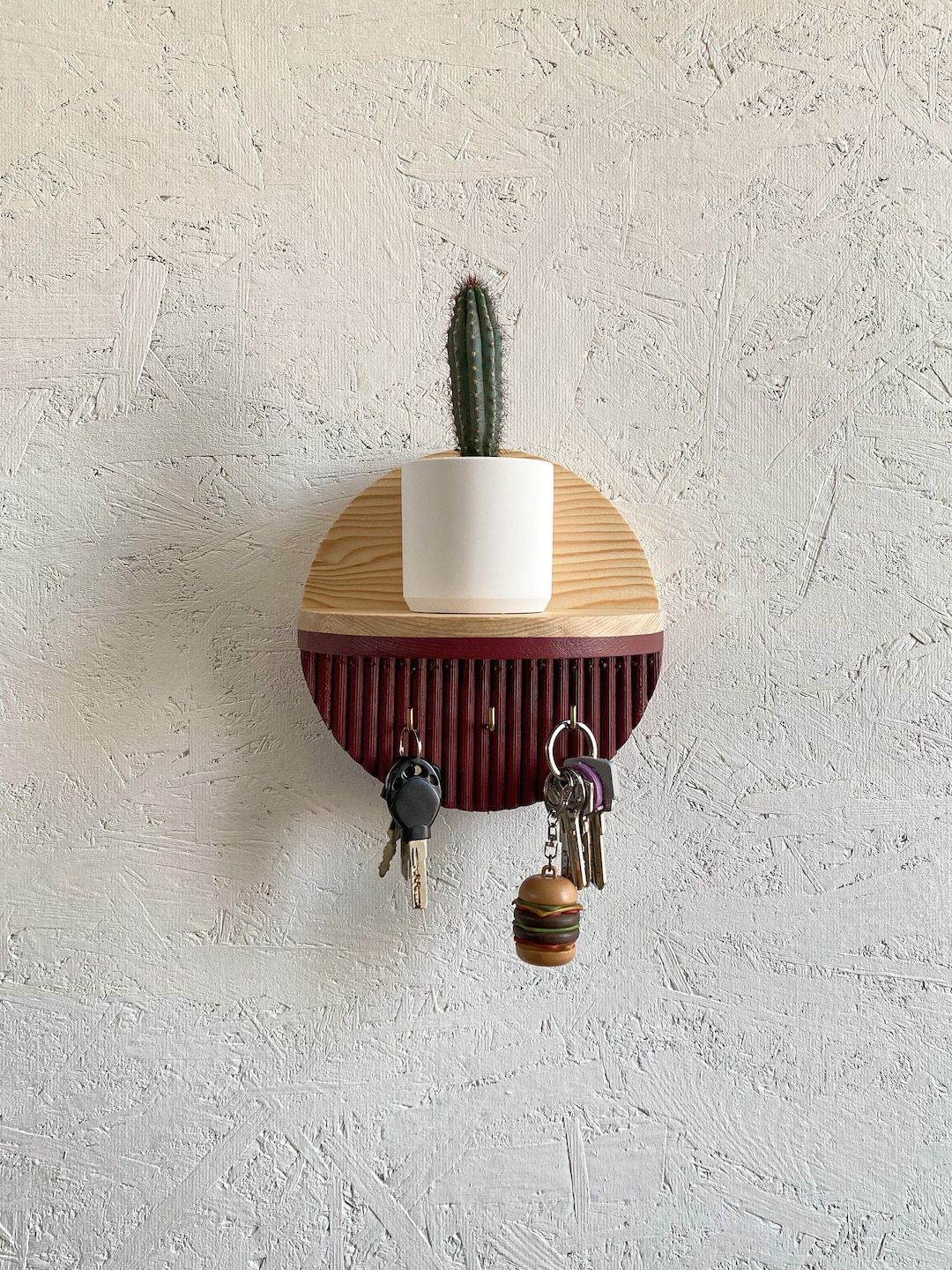 Wooden Key Holder for a Wall With Round Minimalist Shelf, Wall Key ...