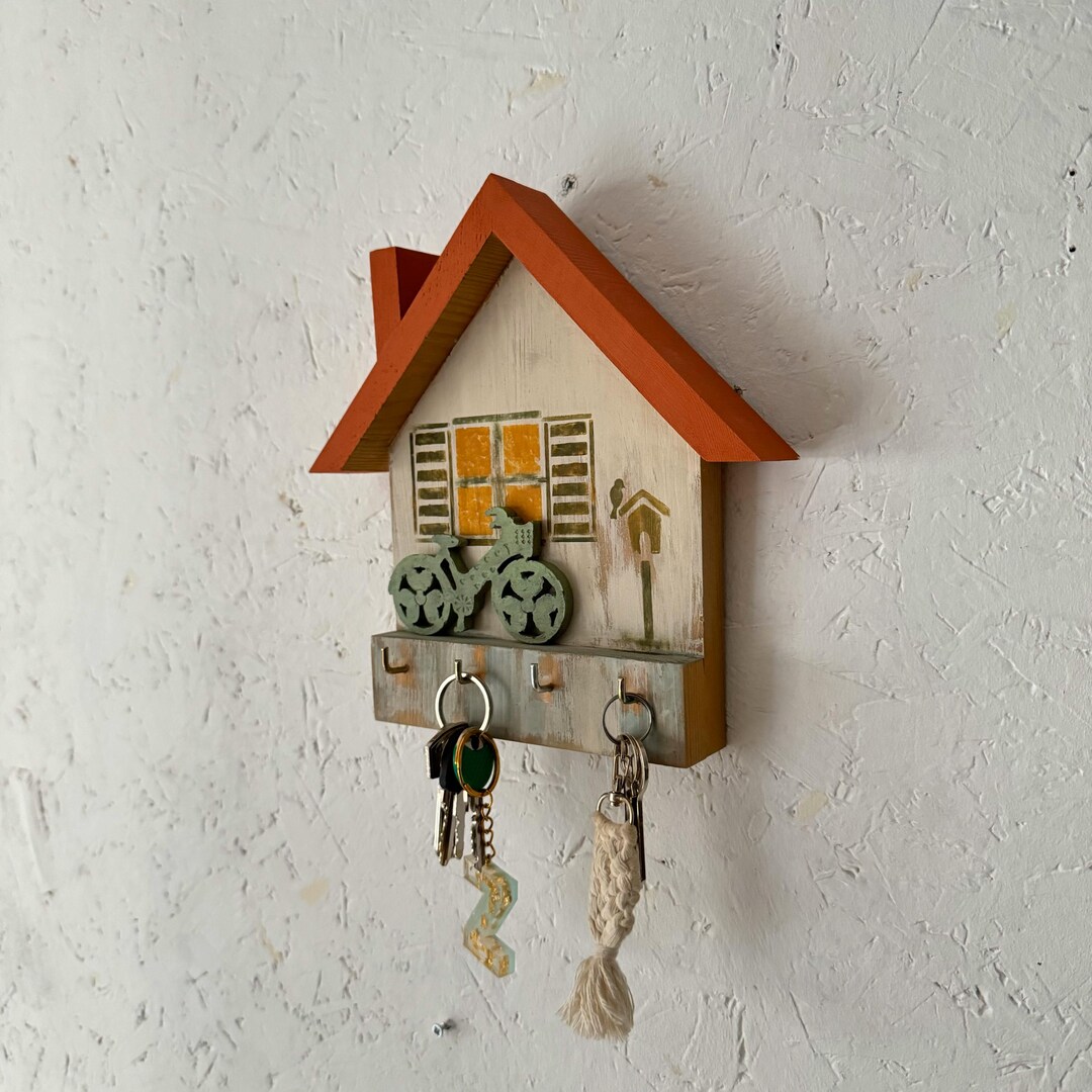 Wooden Little House Key Holder, Wooden House Key Holder With Bike, Key ...