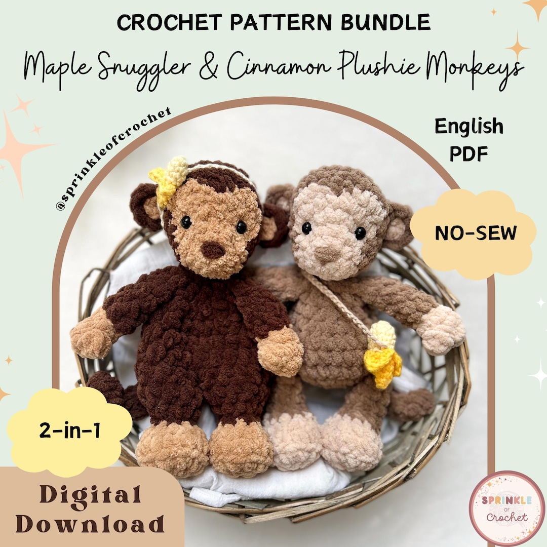 Monkey Crochet Pattern Bundle No-sew | Monkey Snuggler & Plushie ...
