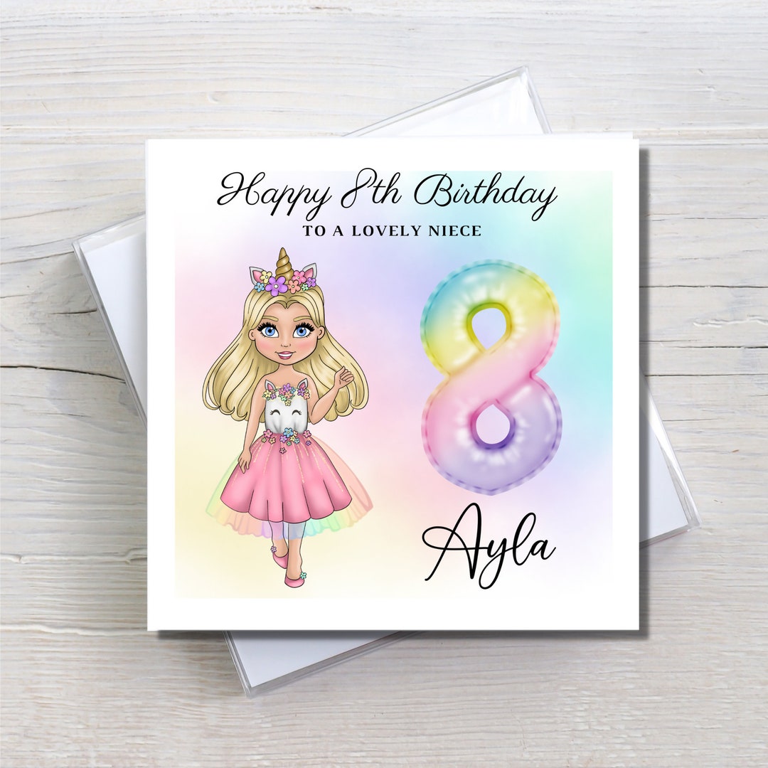 Personalised 8th Birthday Card, Personalised Girls Birthday Card, 8th ...