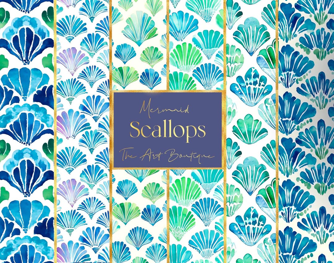 6 WATERCOLOR MERMAID SCALLOPS Ocean Digital Paper Pack Scrapbook Beach ...