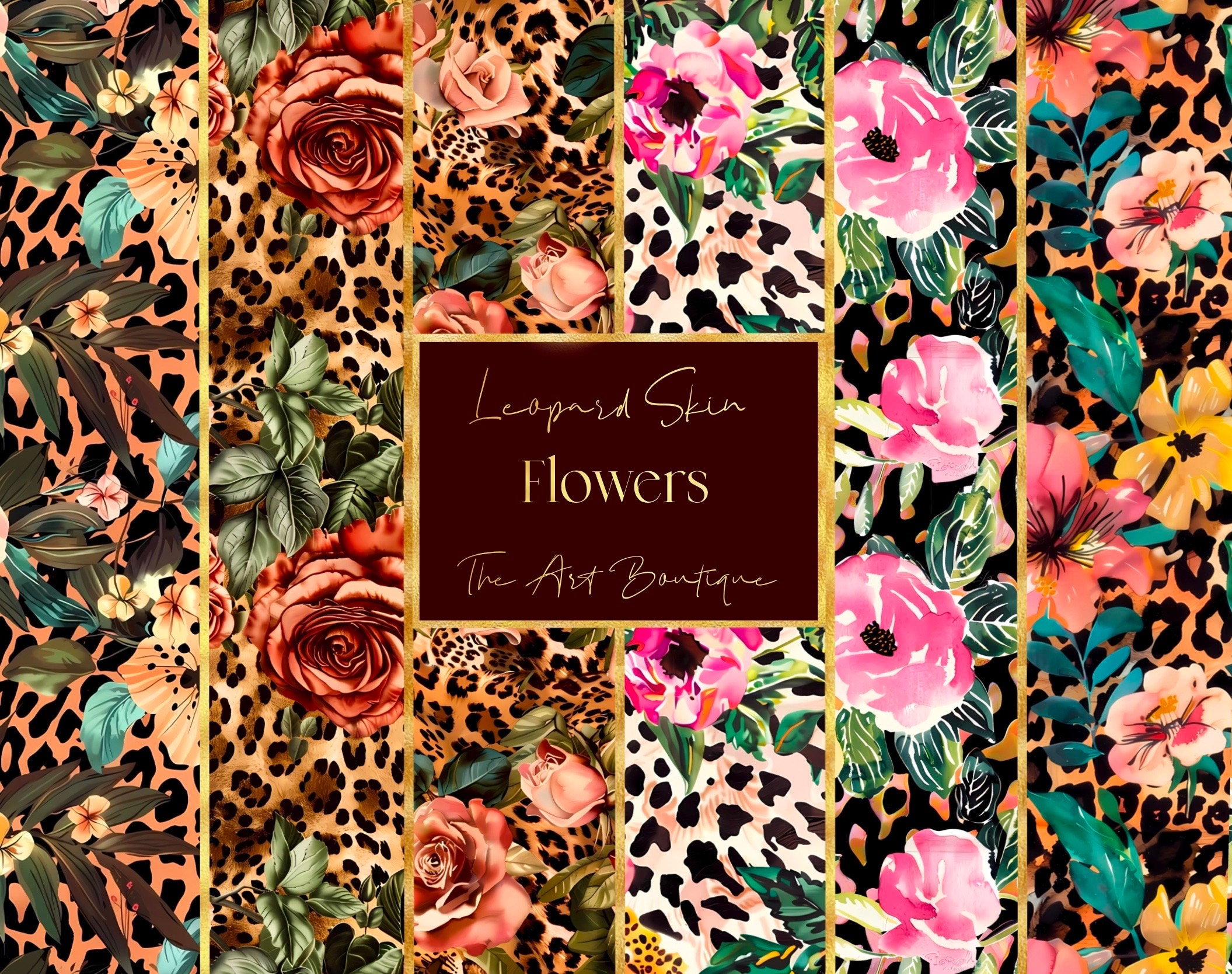 6 FLORAL LEOPARD SKIN Watercolor Floral Seamless Pattern Leopard Skin ...