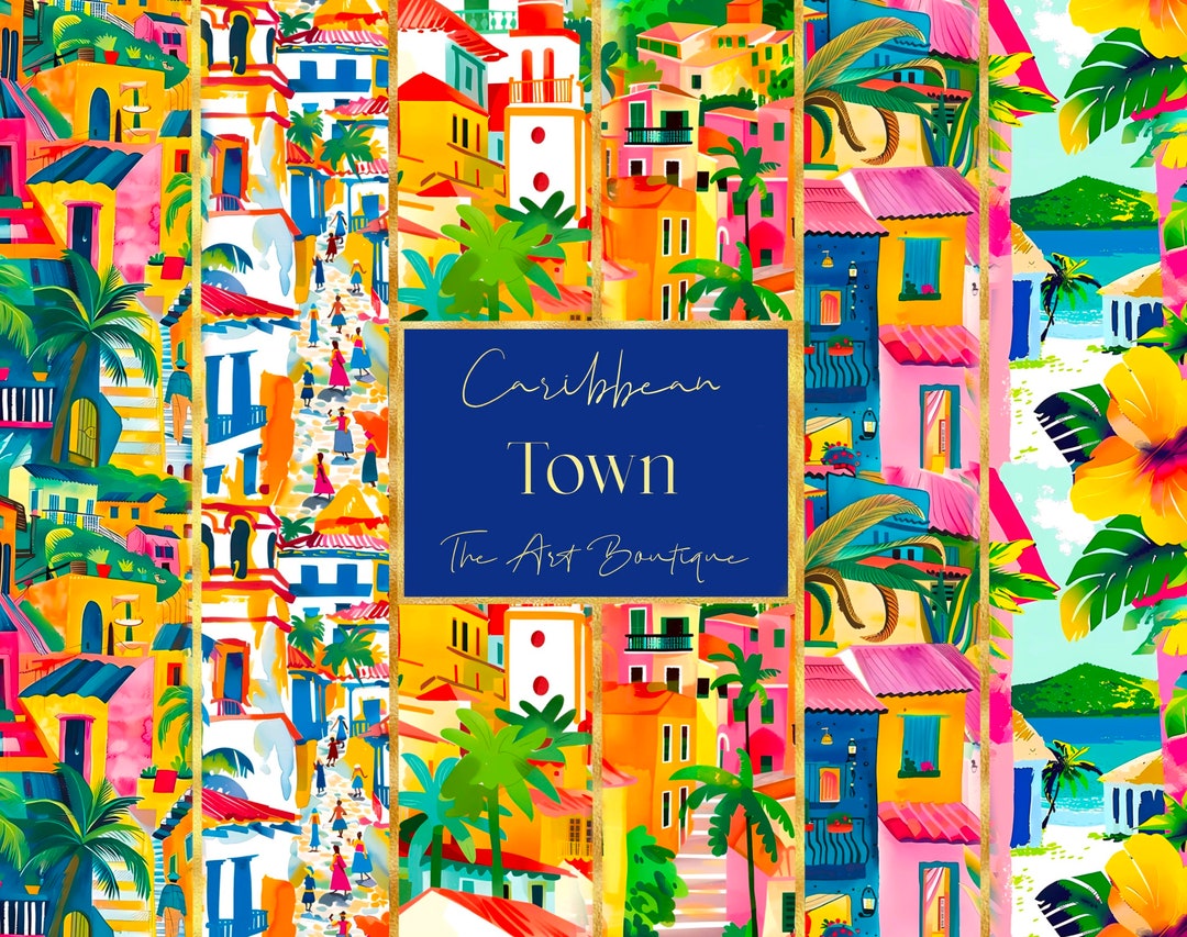 CARIBBEAN TRAVEL ILLUSTRATION Tropical Seamless Digital Paper Scrapbook ...