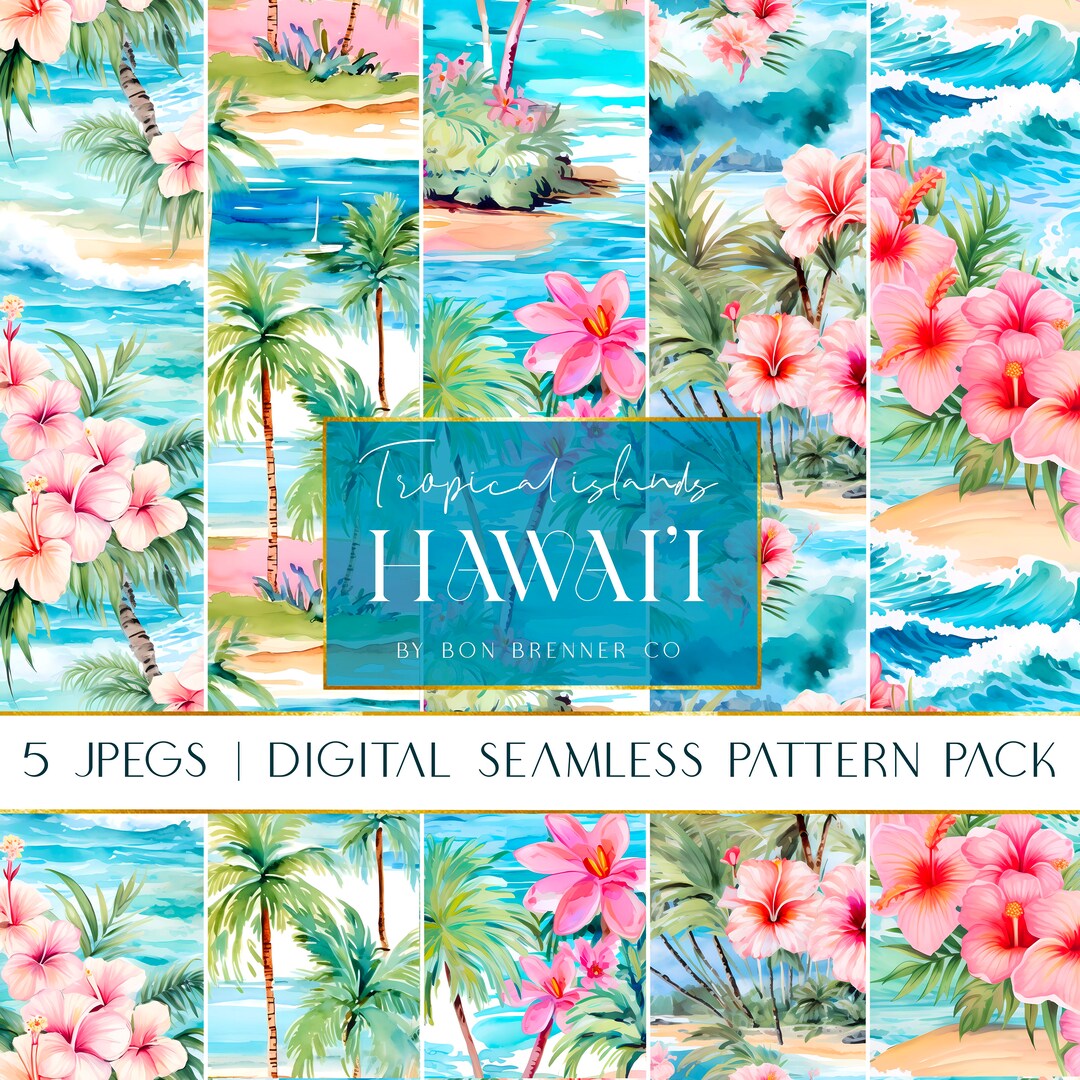 5 HAWAII ISLAND ILLUSTRATIONS Tropical Flower Digital Paper Pack ...