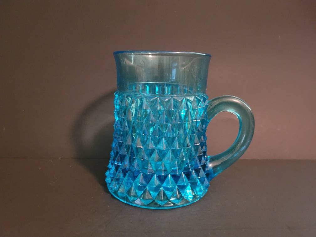 Vintage Indiana Glass Tankard Mug Diamond Point Pattern Teal Aqua Regal ...