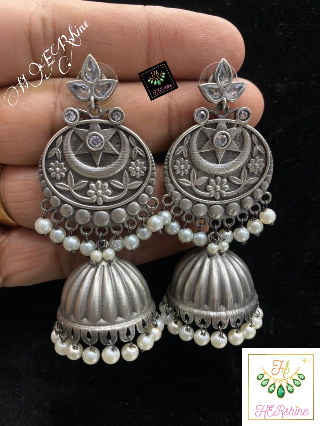 Silver Look Alike Antique Long Jhumkas Cz Stone Studded Boho - Etsy