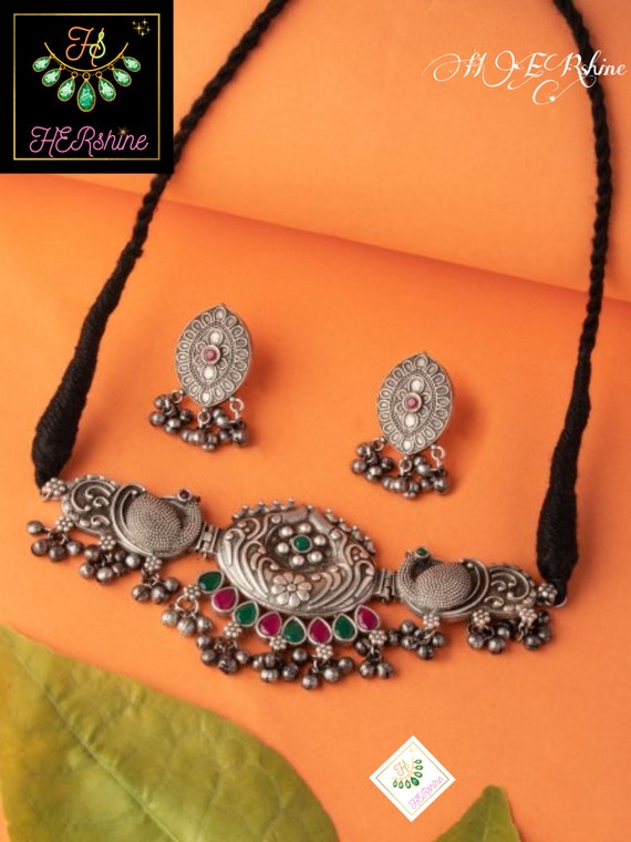 Kolhapuri German Silver Choker Set Oxidized Silver Party Choker And Earrings Pink Red And Green Stones Studded Silver Toned Choker Necklace