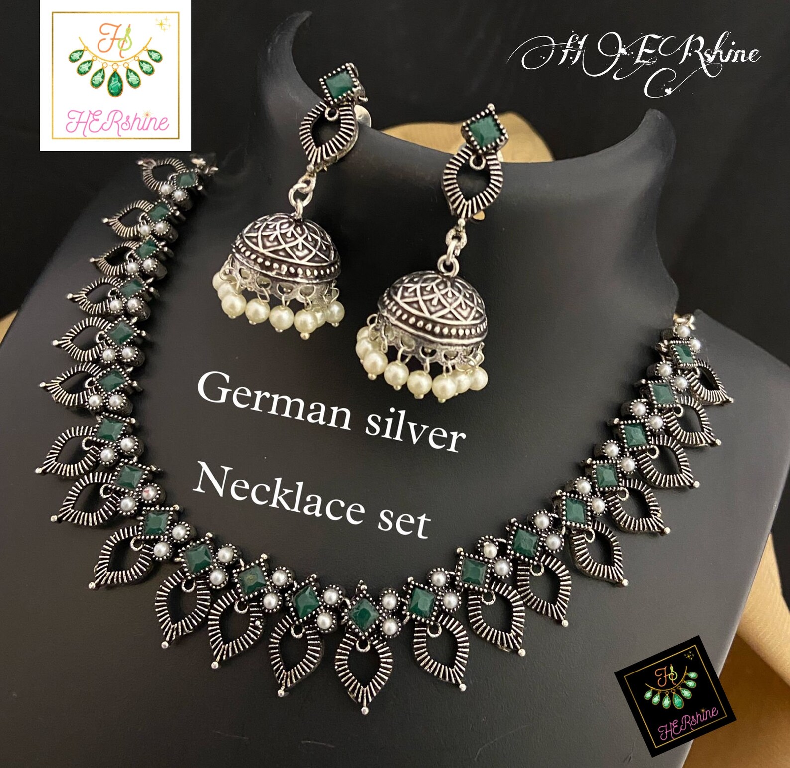 German Silver Indian Necklace and Jhumka,oxidized Necklace Set Studded ...