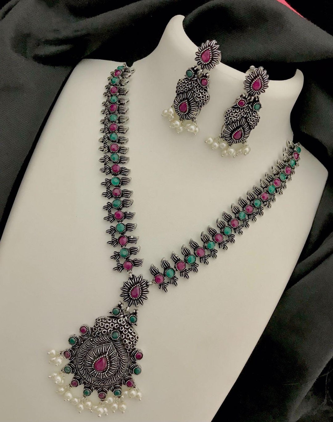 Oxidized German Silver Antique Necklace, Oxidised Black Finish Ruby ...