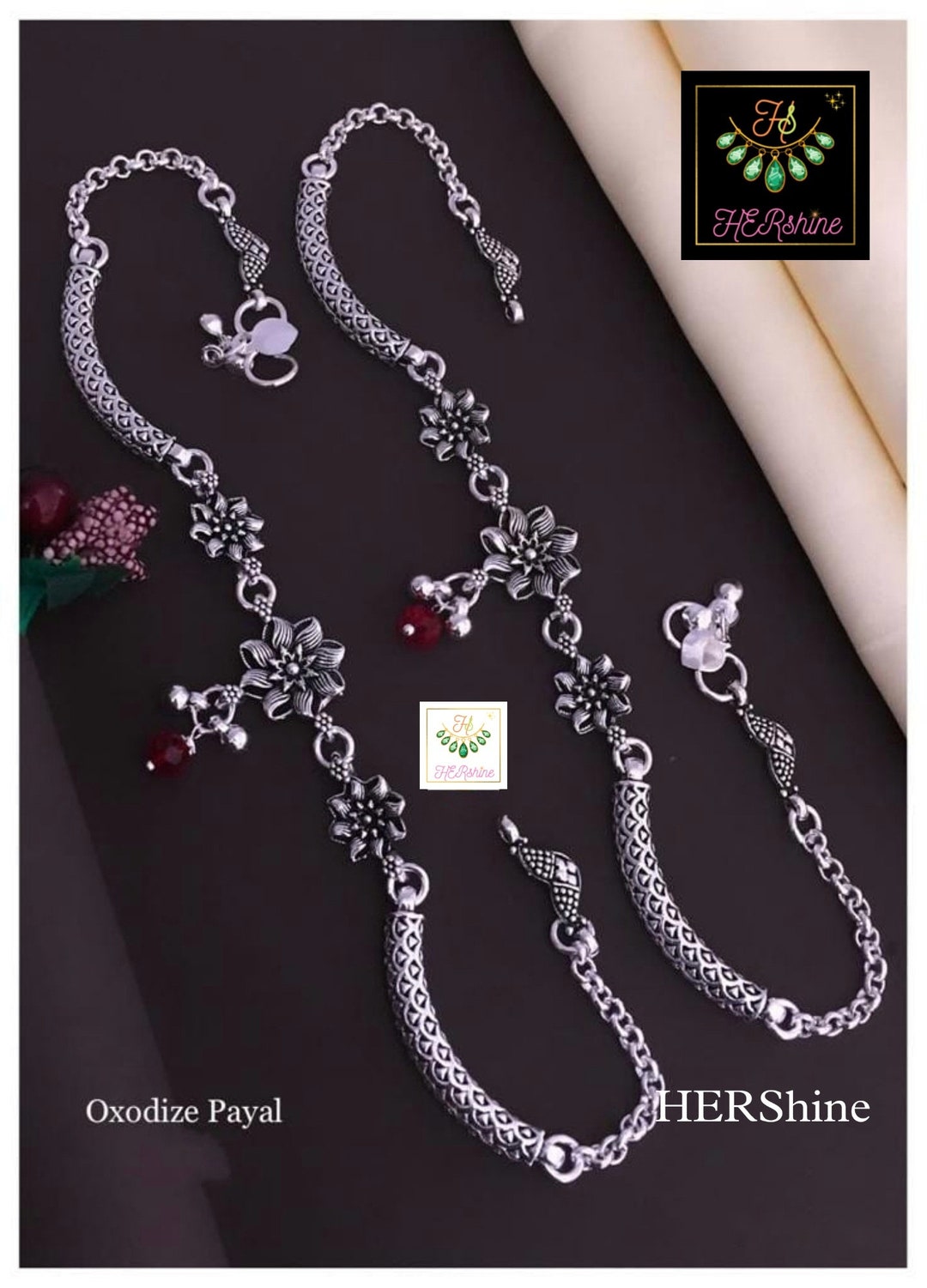 Indian Oxidized Black Finish Anklet, Red Crystal Bead Dancing Dropped ...