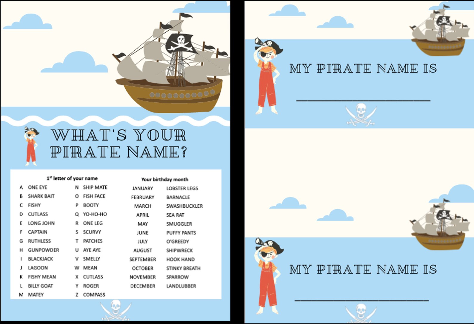 What's Your Pirate Name? Name Generator Printable Party Game Instant ...