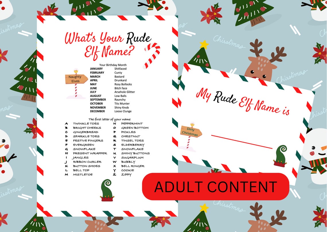 Whats Your Rude Elf Name? Adult Name Generator Printable Party Game ...