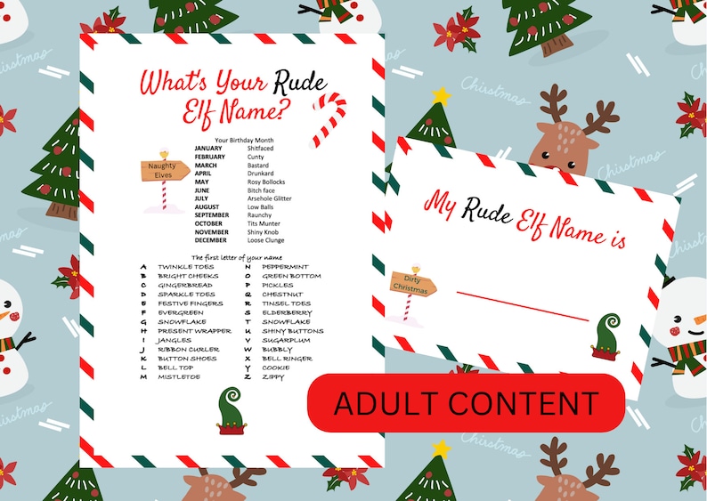 Whats Your Rude Elf Name? Adult Name Generator Printable Party Game ...