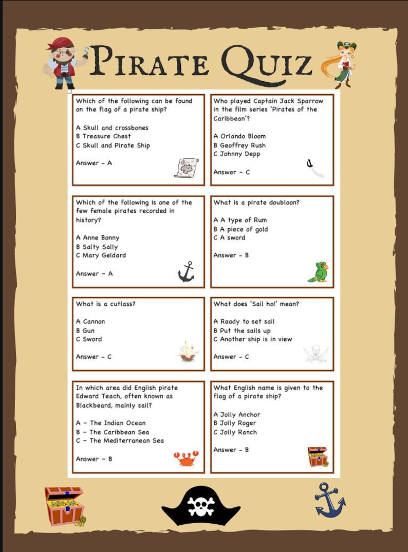 Pirate Quiz Pirate Printable Party Game Instant Download Party Game ...