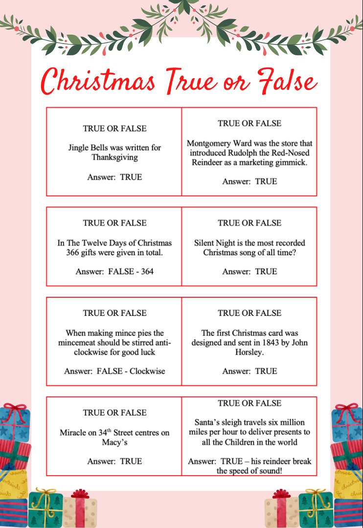 Christmas Game True or False Family & Kids Christmas Party Game ...