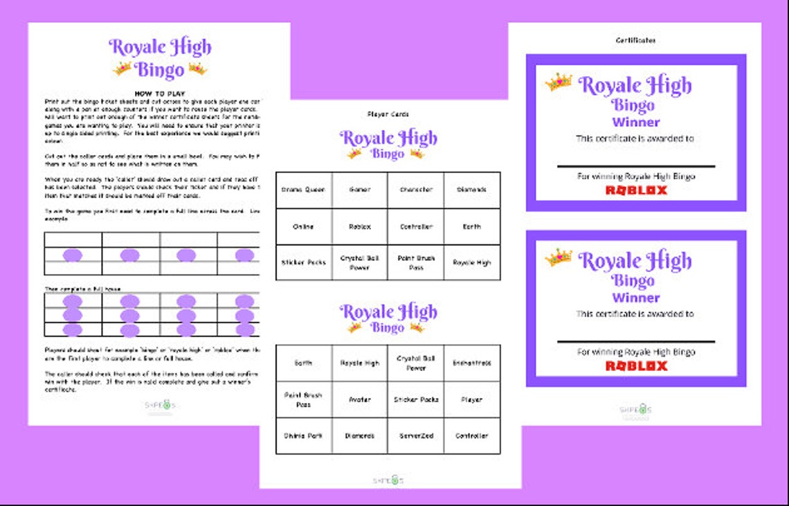 Royale High Bingo Digital Download Roblox Royale High Print at Home ...