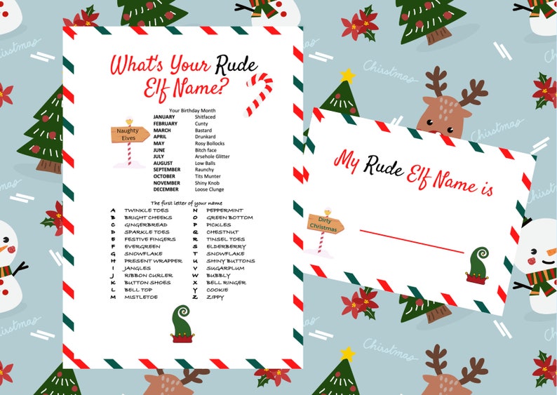 Whats Your Rude Elf Name? Adult Name Generator Printable Party Game ...