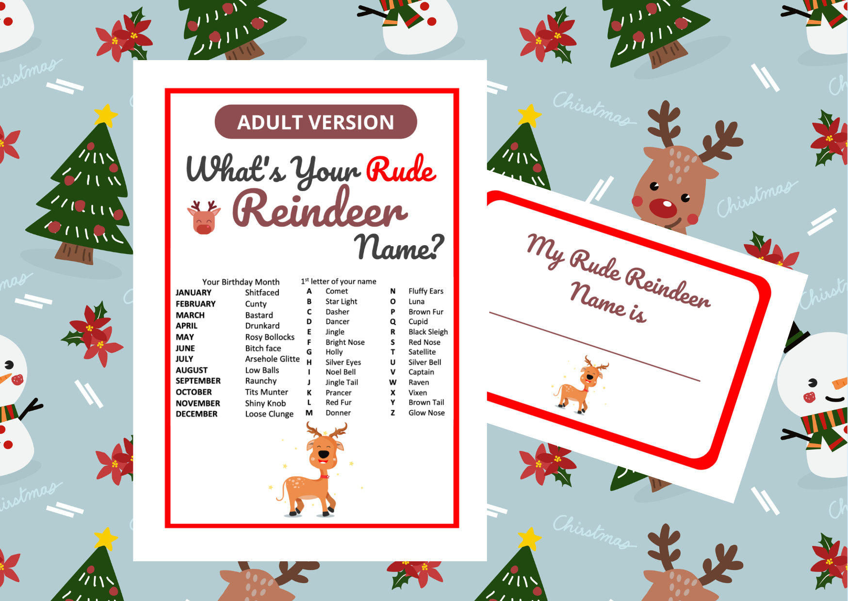 Whats Your Rude Reindeer Name? Name Generator Printable Adult Party ...