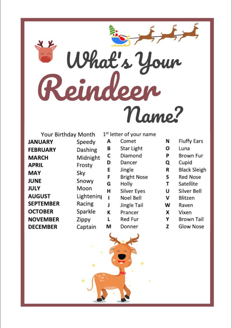 What's Your Reindeer Name? Name Generator Printable Party Game Instant ...