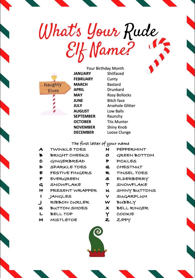 Whats Your Rude Elf Name? Adult Name Generator Printable Party Game ...