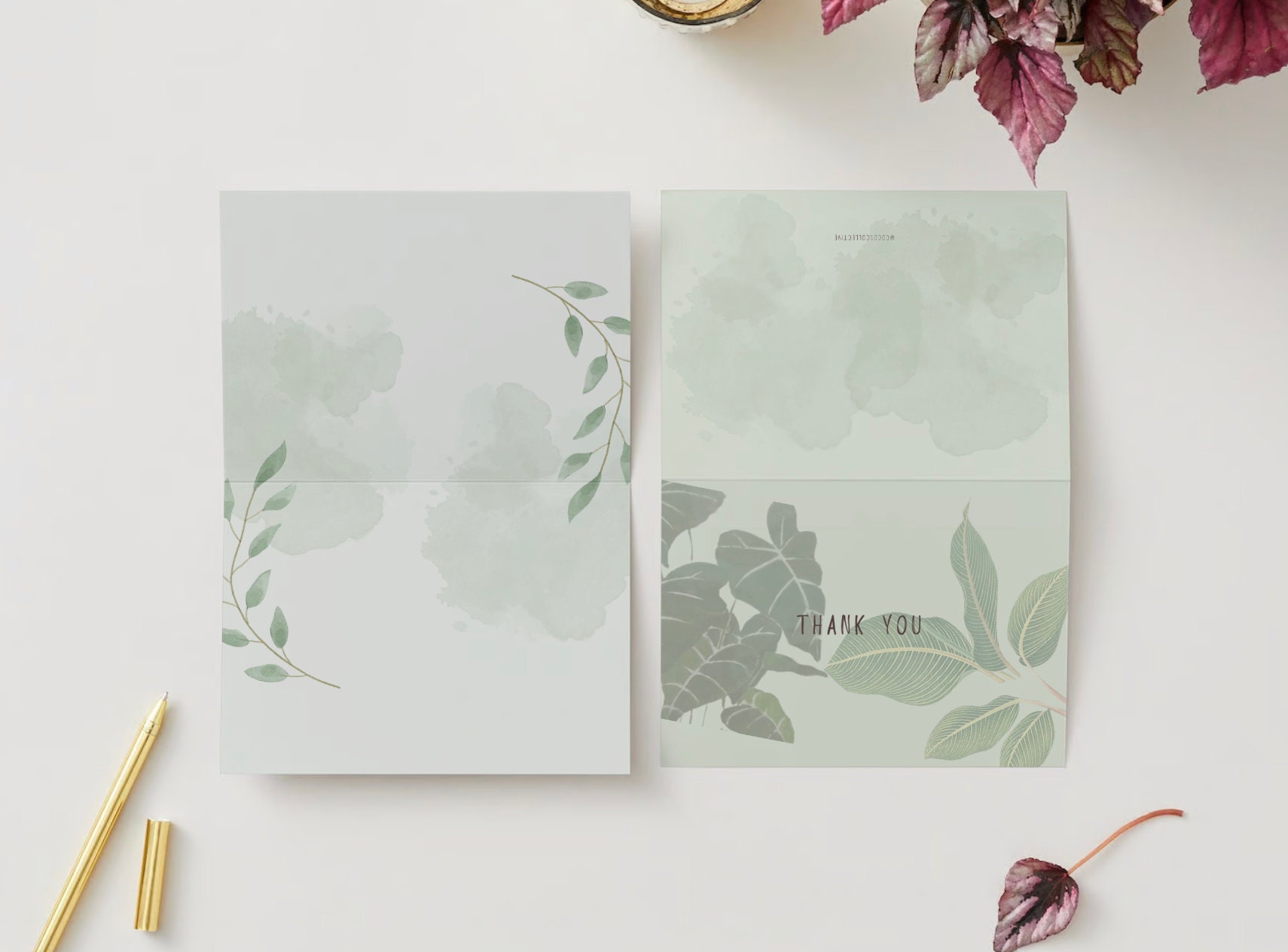 Printable Thank You Card - Elegant Green Leaf Design - Instant Download ...