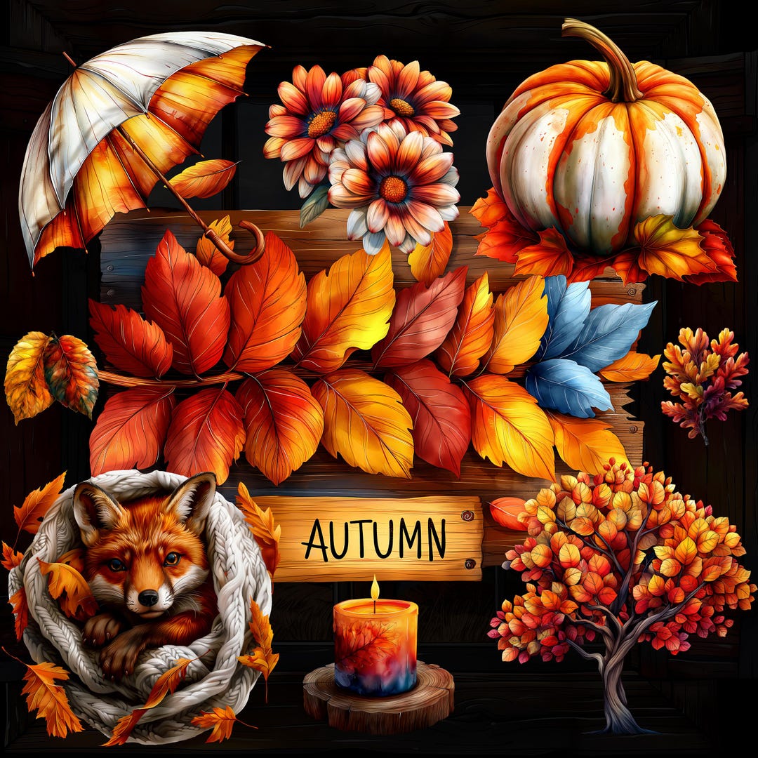 Cozy Autumn 37 Clipart, Watercolor PNG Bundle, Autumn Flowers, Autumn ...