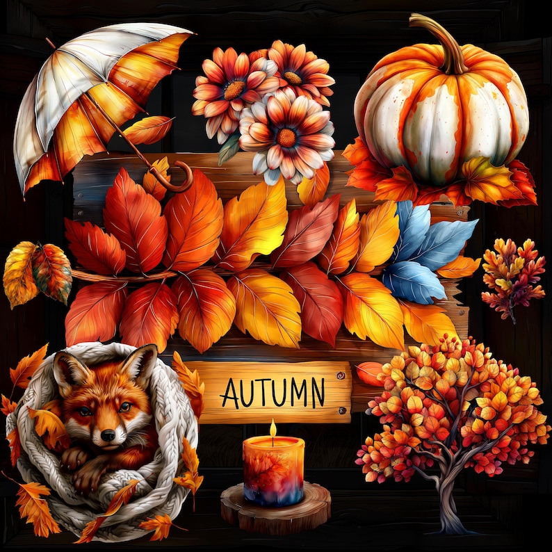 Cozy Autumn 37 Clipart, Watercolor PNG Bundle, Autumn Flowers, Autumn ...
