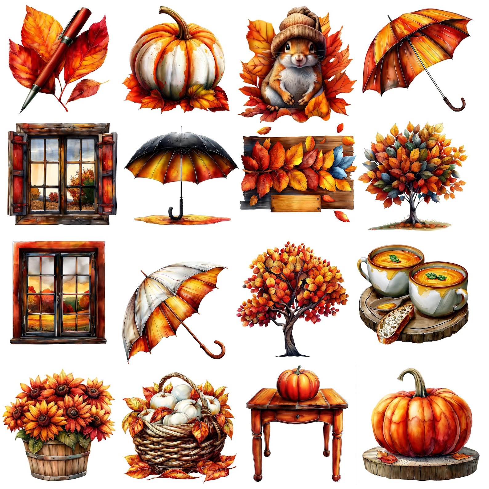 Cozy Autumn 37 Clipart, Watercolor PNG Bundle, Autumn Flowers, Autumn ...