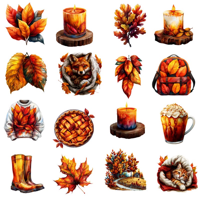Cozy Autumn 37 Clipart, Watercolor PNG Bundle, Autumn Flowers, Autumn ...
