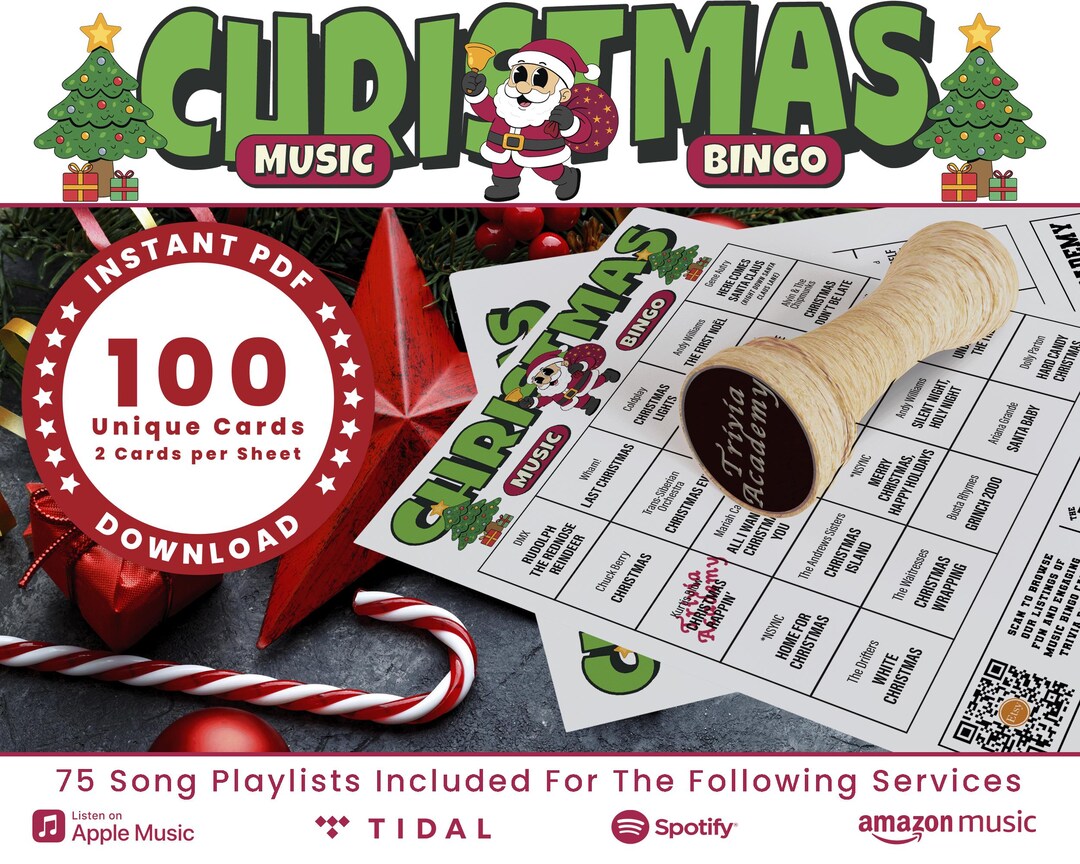 Holiday Music Bingo, 100 Unique Cards Total W/ Playlists Included, Xmas ...