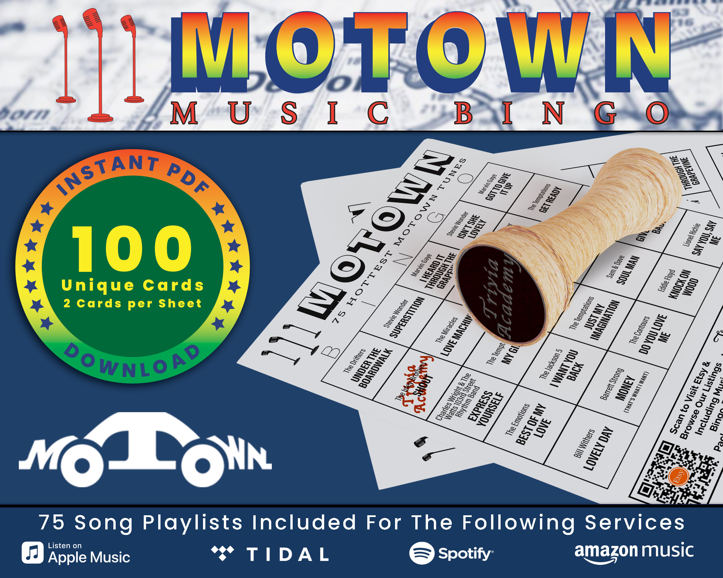 Motown Music Bingo, 100 Unique Cards Total W/ Playlists Included, Top ...