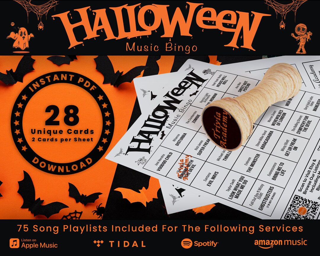 Halloween Music Bingo, 28 Unique Cards Total W/ Playlists Included, PDF ...