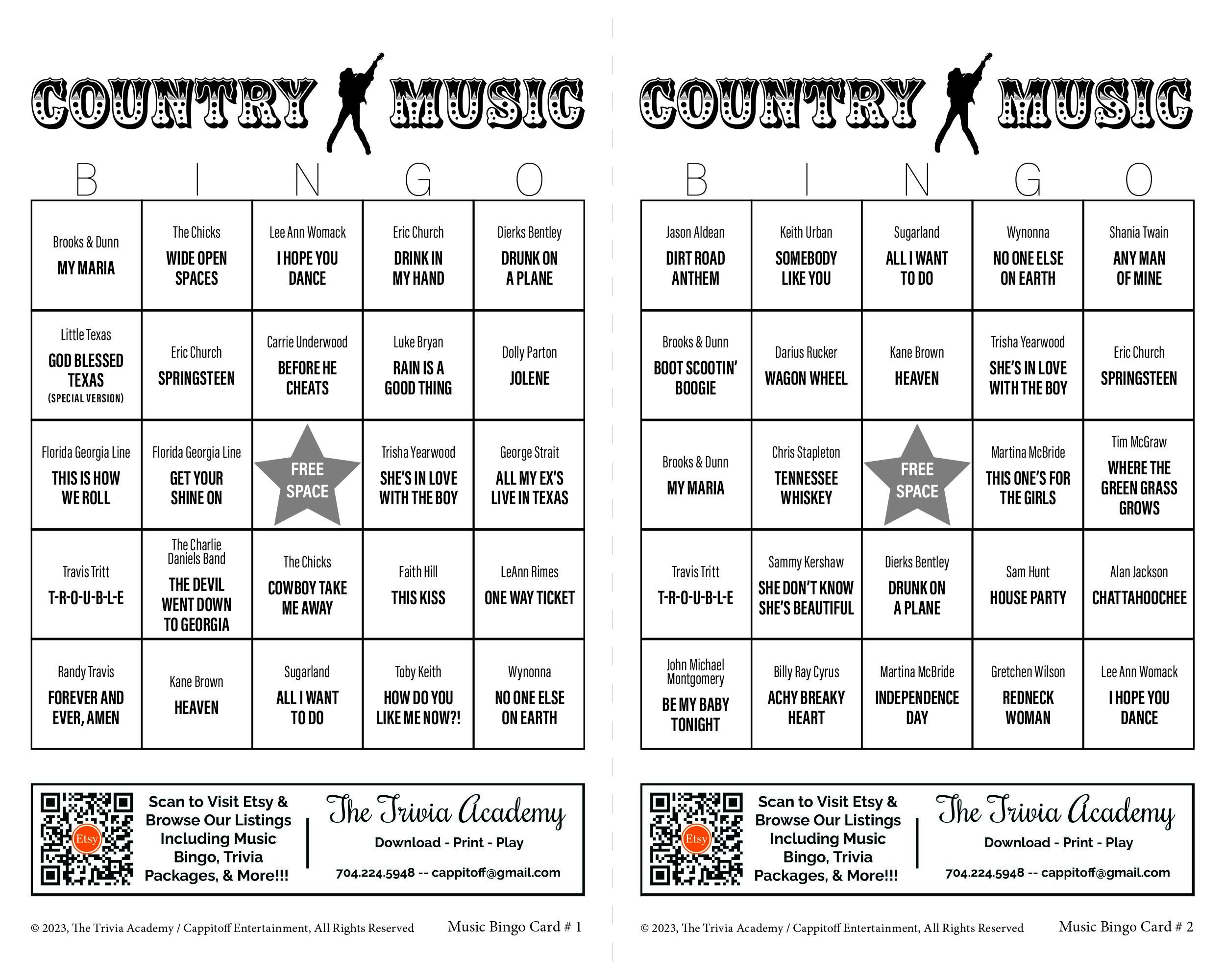 Country Music Bingo Vol 1, 100 Unique Printable Cards With Playlists ...