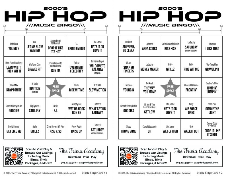 2000's Hip Hop Music Bingo, 50 Unique Cards Total W/ Playlists Included ...