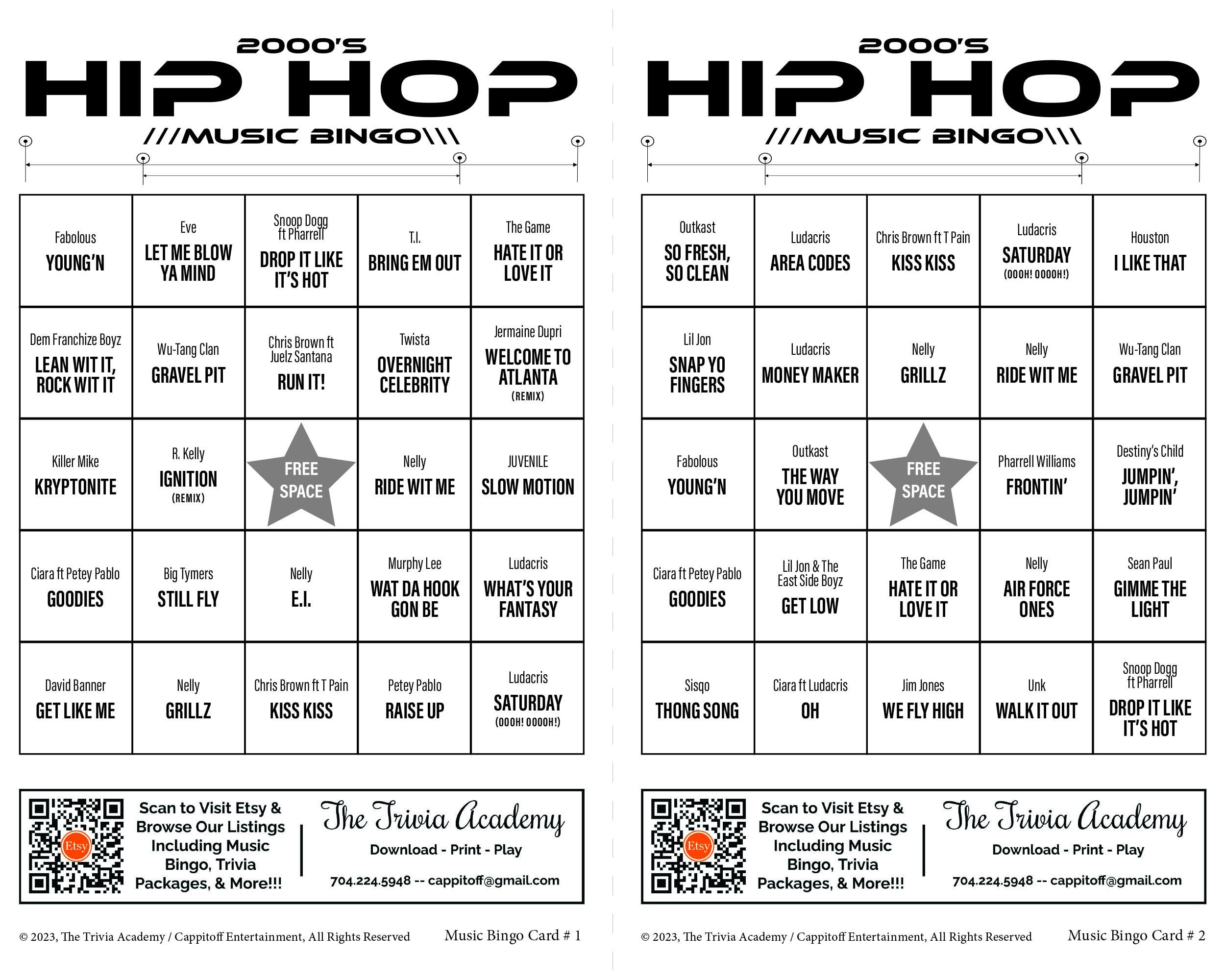 2000's Hip Hop Music Bingo, 200 Unique Cards Total W/ Playlists ...