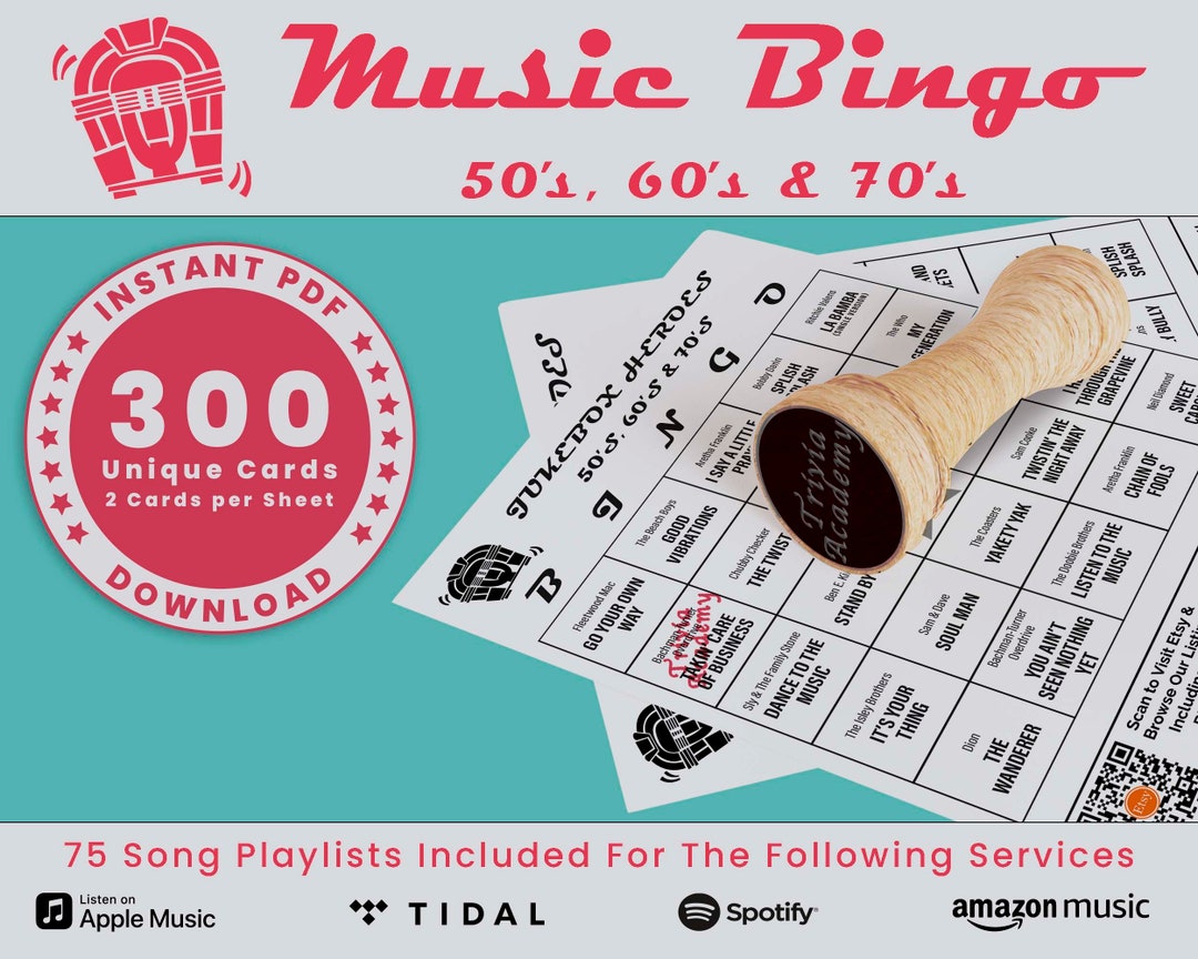 50's, 60's, & 70's Music Bingo, 300 Unique Cards Total W/ Playlists ...