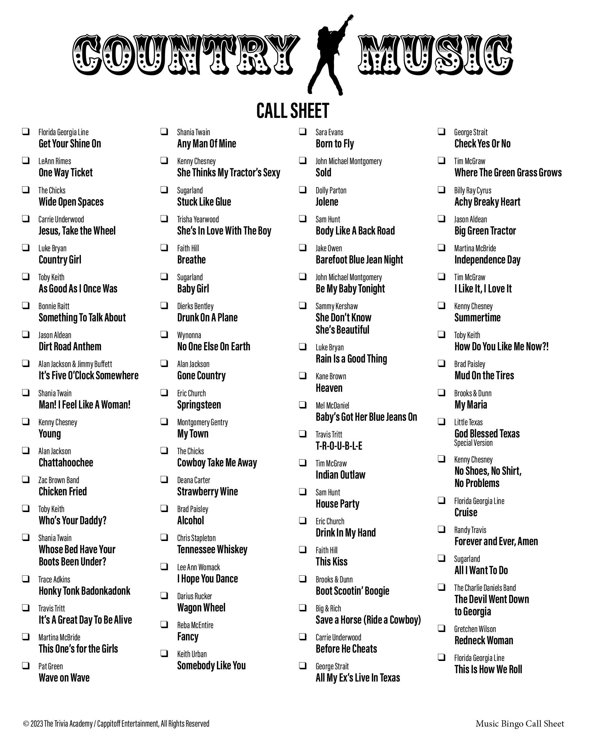 Country Music Bingo Vol 1, 100 Unique Printable Cards With Playlists ...