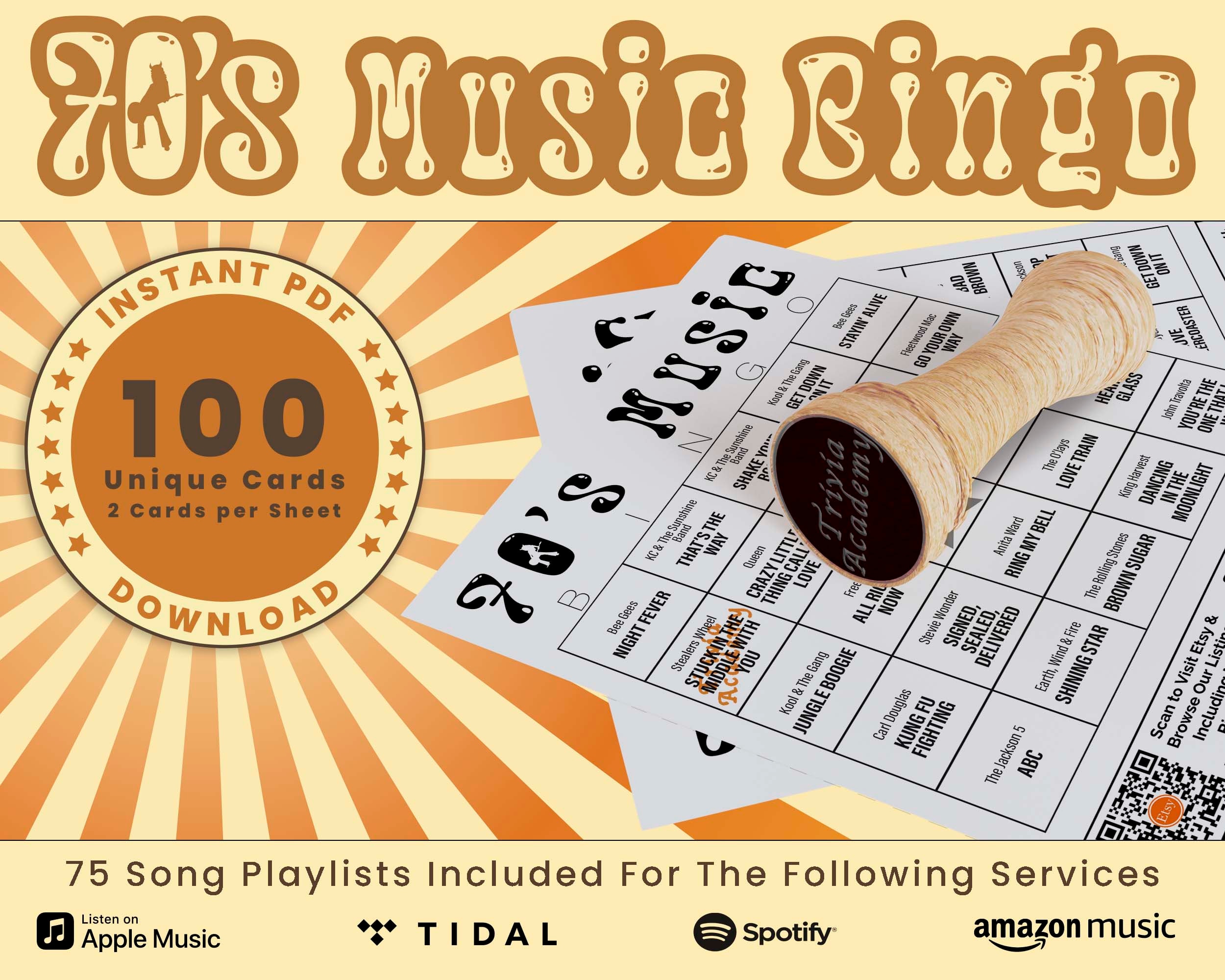 70's Music Bingo, 100 Unique Cards Total W/ Playlists Included, Top ...
