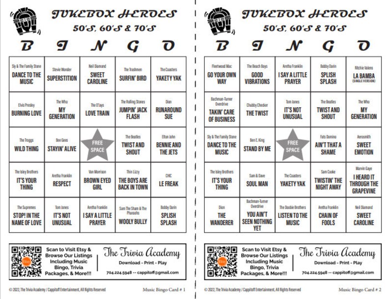 50's, 60's, & 70's Music Bingo, 300 Unique Cards Total W/ Playlists ...