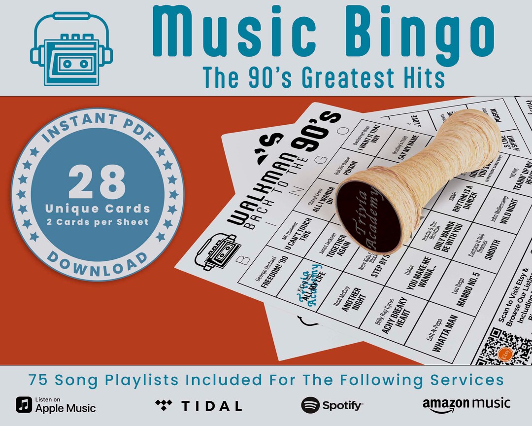 90's Music Bingo 28 Unique Cards Total W/ Playlists - Etsy