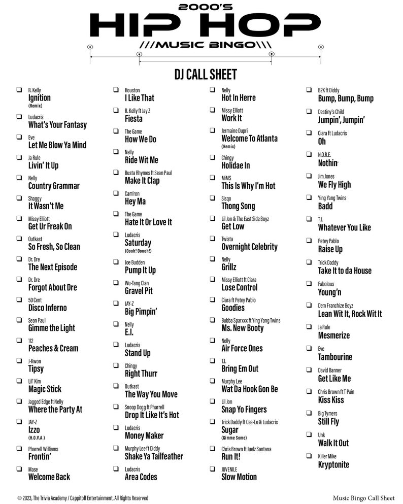2000s Hip Hop Music Bingo, 50 Unique Printable Cards With Playlist (PDF ...