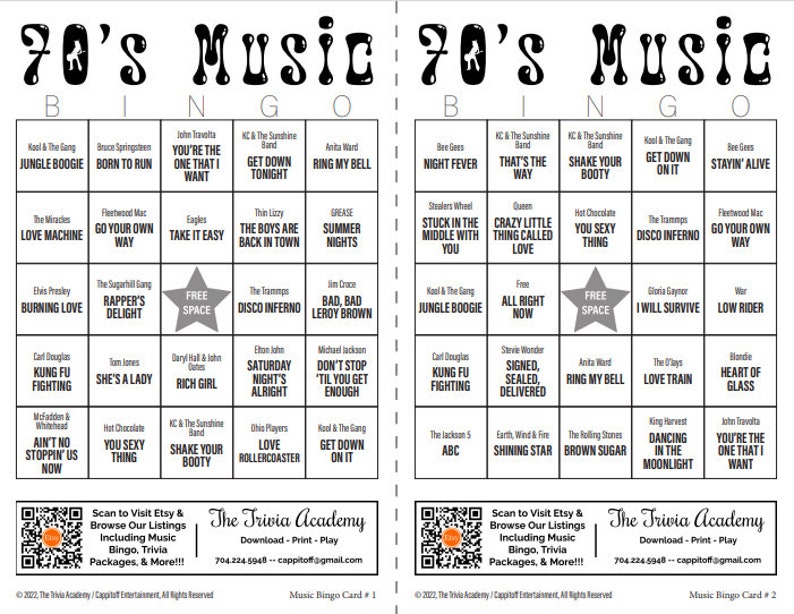 70's Music Bingo, 50 Unique Cards Total W/ Playlists Included, Top Hits ...