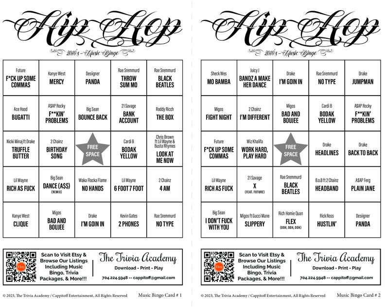 2010's Hip Hop Music Bingo, 100 Unique Cards Total W/ Playlists ...